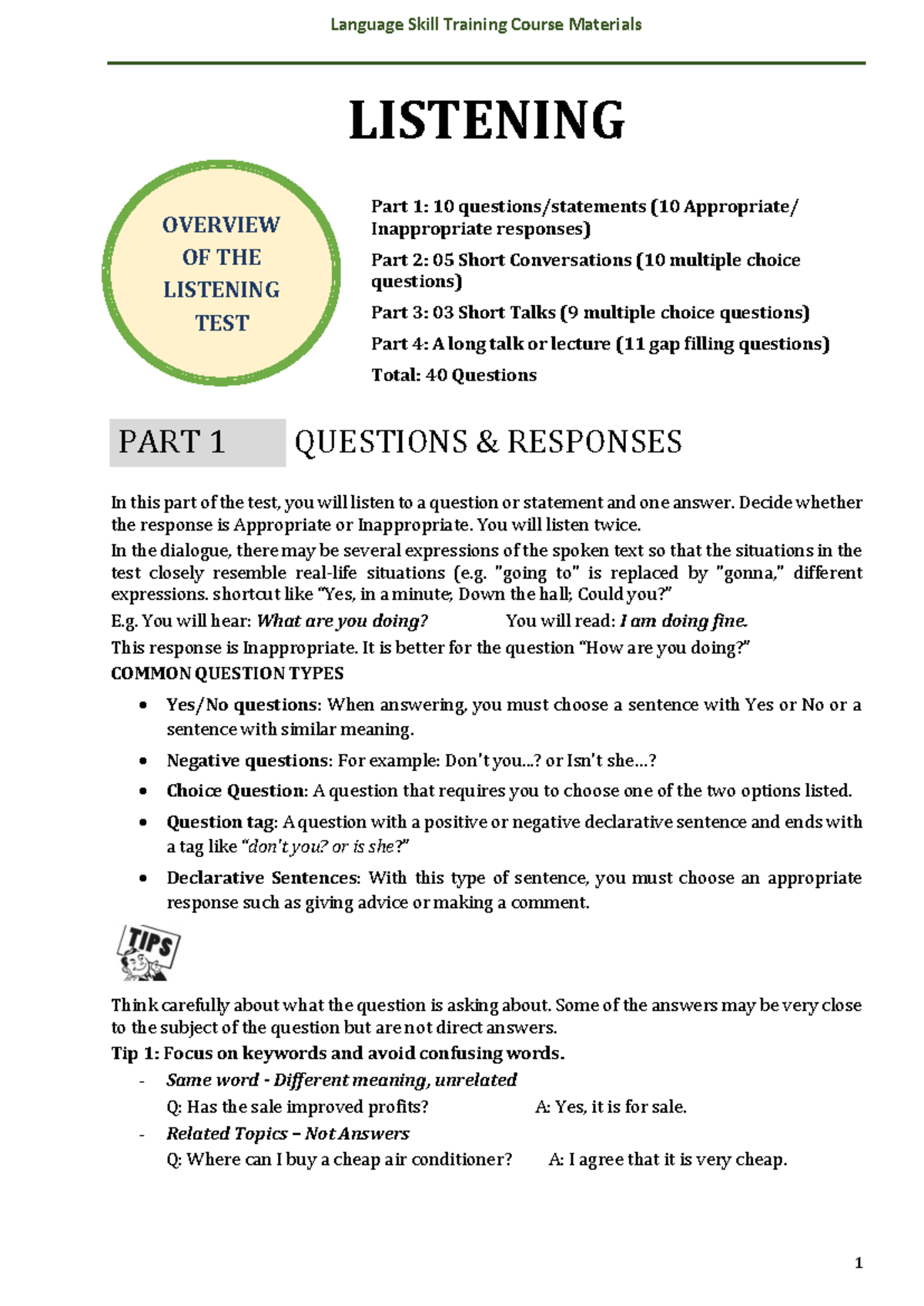 Listening - ưdfedddss - OVERVIEW OF THE LISTENING TEST LISTENING PART 1 ...