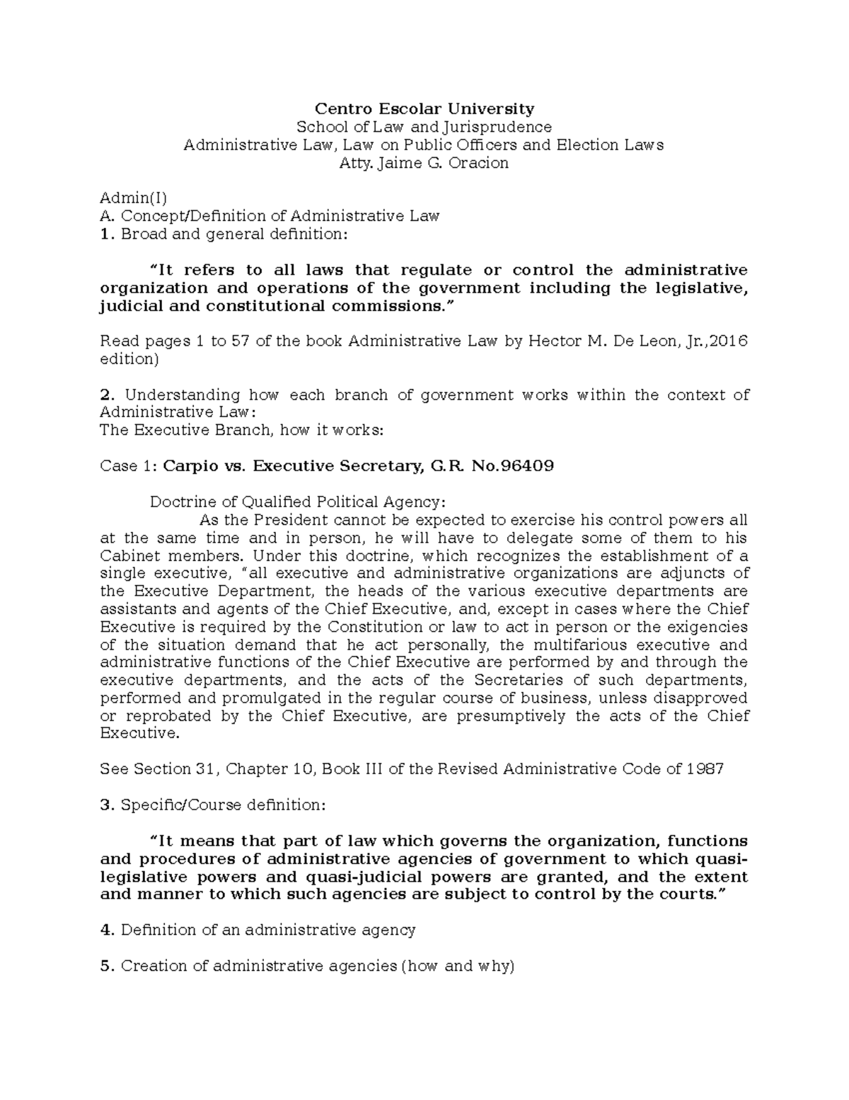 Admin Law Review Notes - CEU School of Law (Admin I-V) - Studocu
