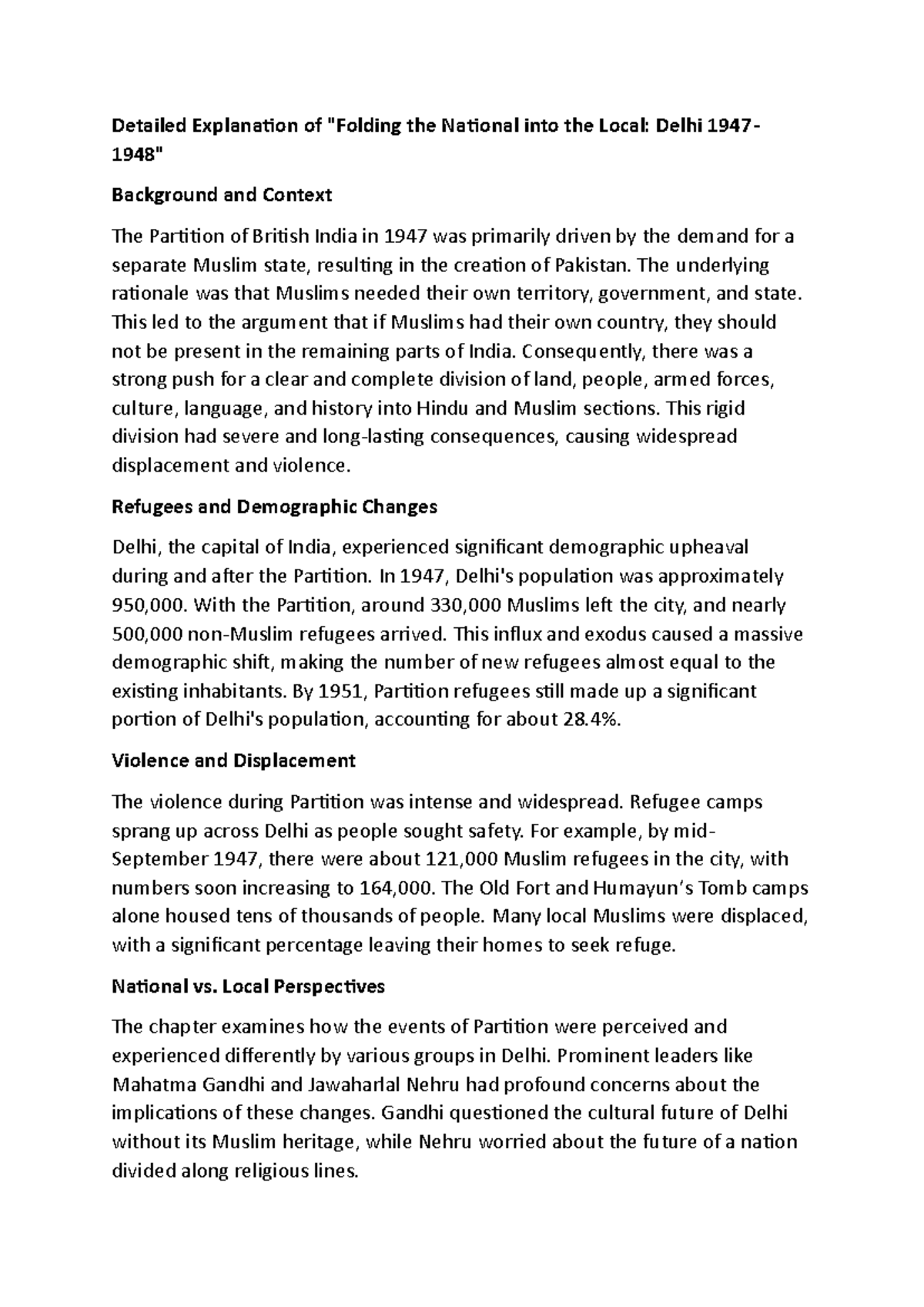 Partition of British India: Delhi's Turmoil in 1947-48 Analysis - Studocu