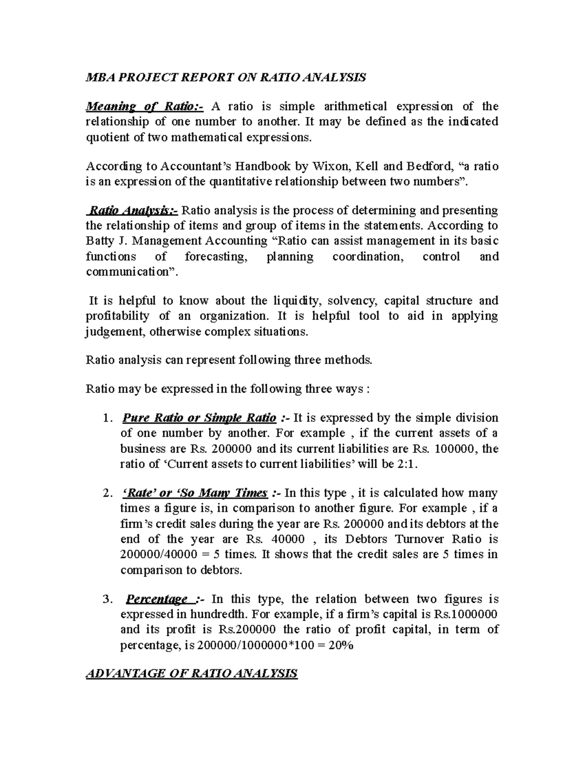 MBA project report on Ratio Analysis - MBA PROJECT REPORT ON RATIO ...