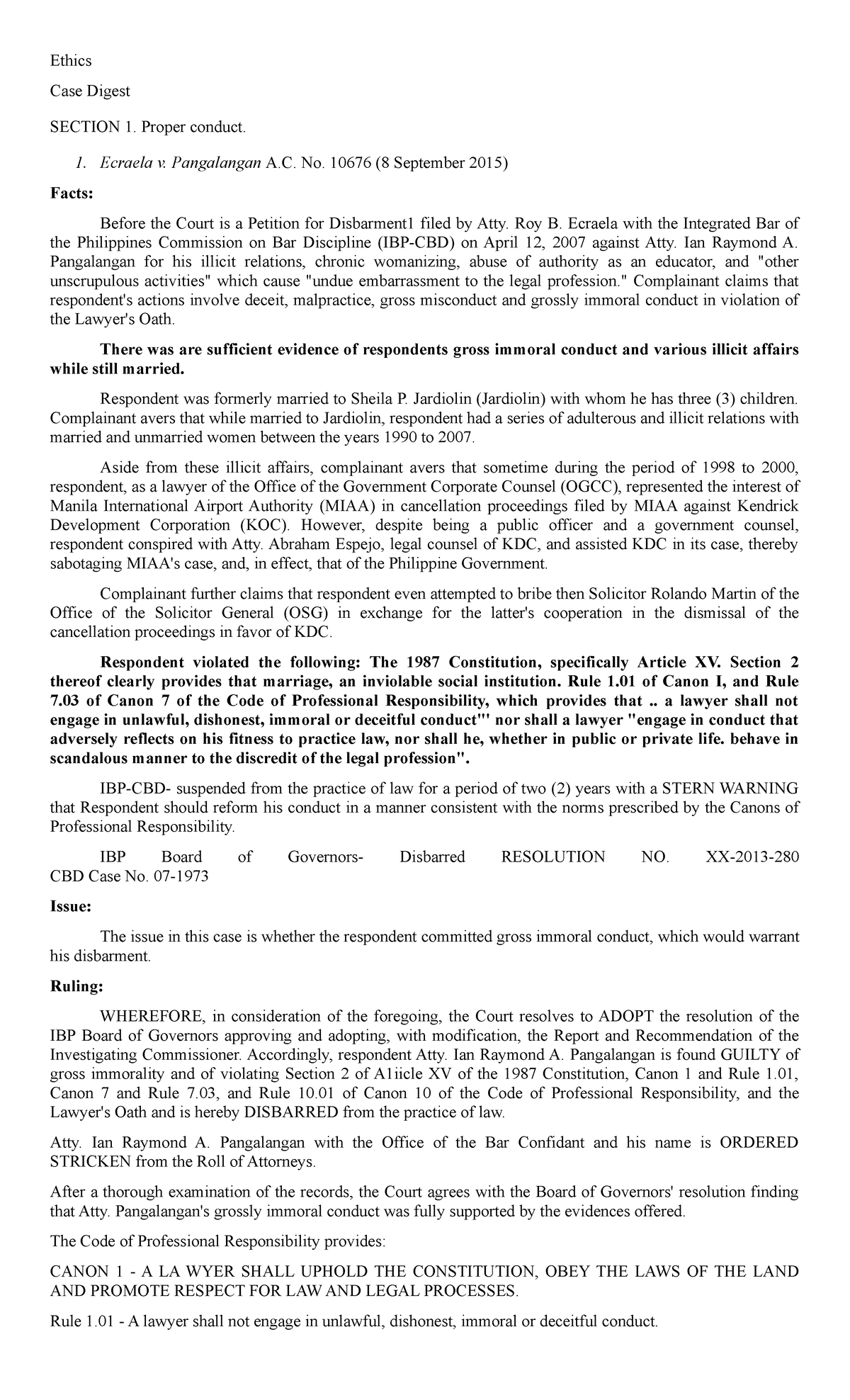 Canon 2 & 3 Case Digest: Disbarment Decisions in Legal Ethics - Studocu