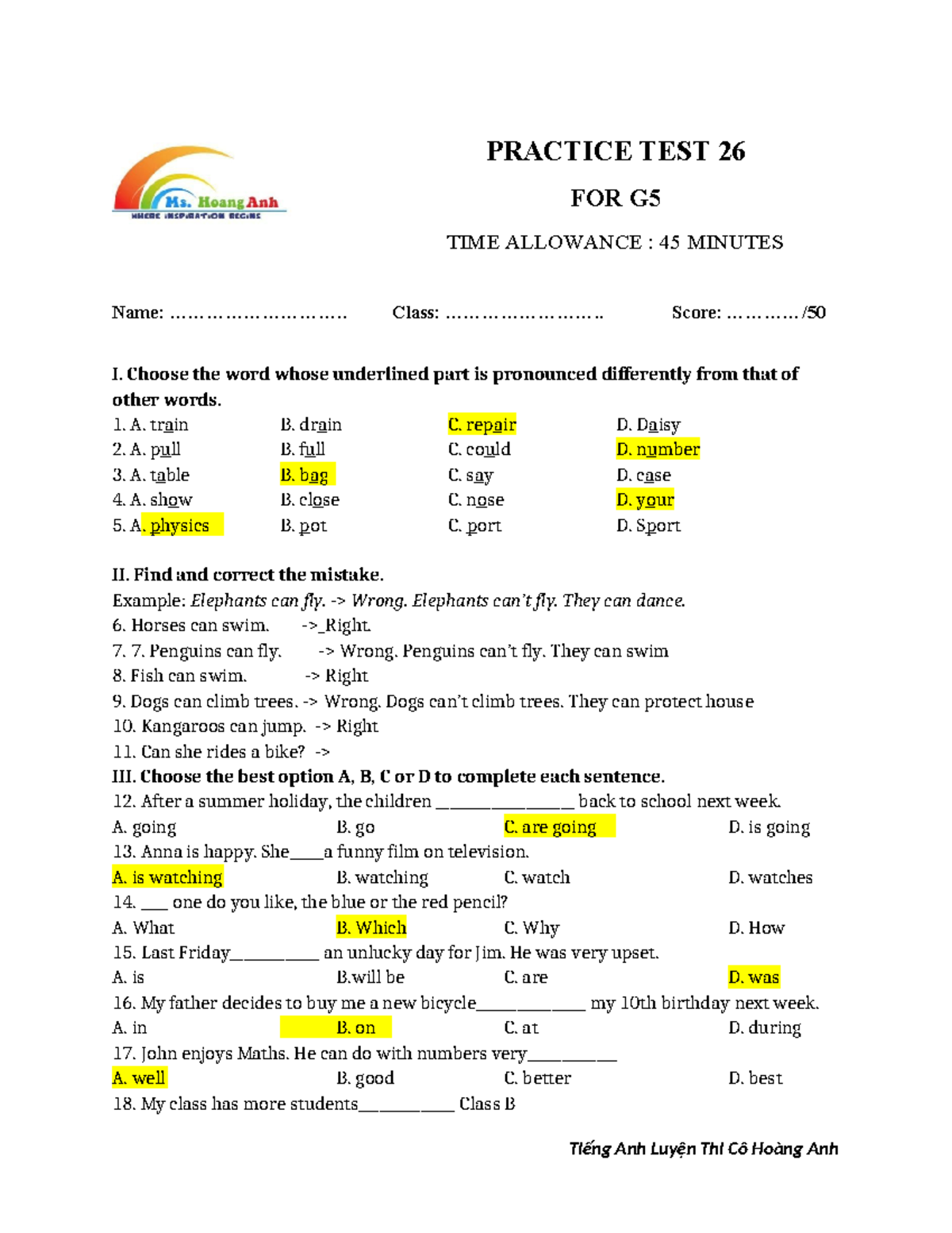 G6 Practice Test 26 - English Language Skills Assessment - Studocu