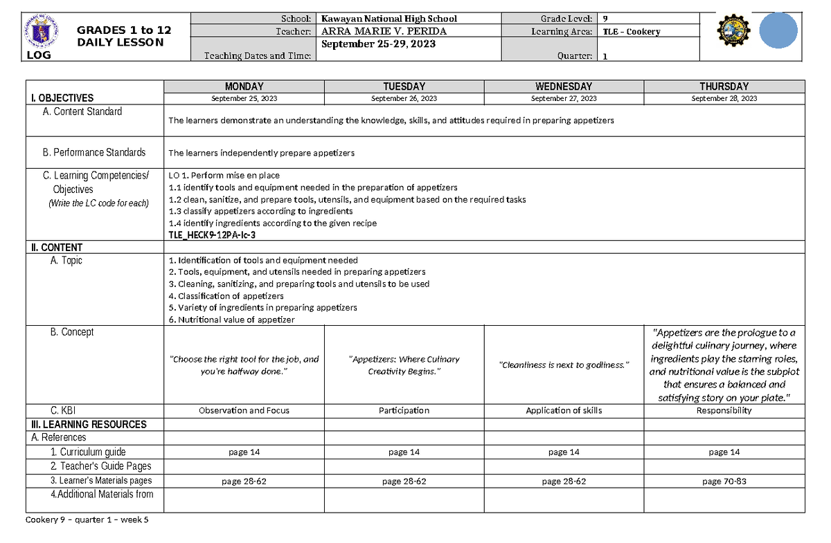G9 DLL TLE Q1 Wk 5 - Appetizer Preparation Lesson Plan - Studocu