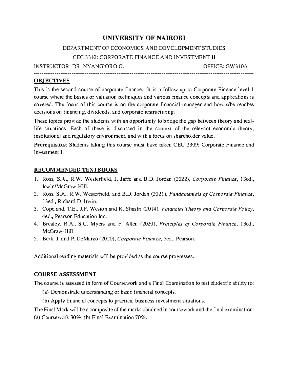 CFI CEC 3310-Course outline 2025 - UNIVERSITY OF NAIROBI DEPARTMENT OF ...