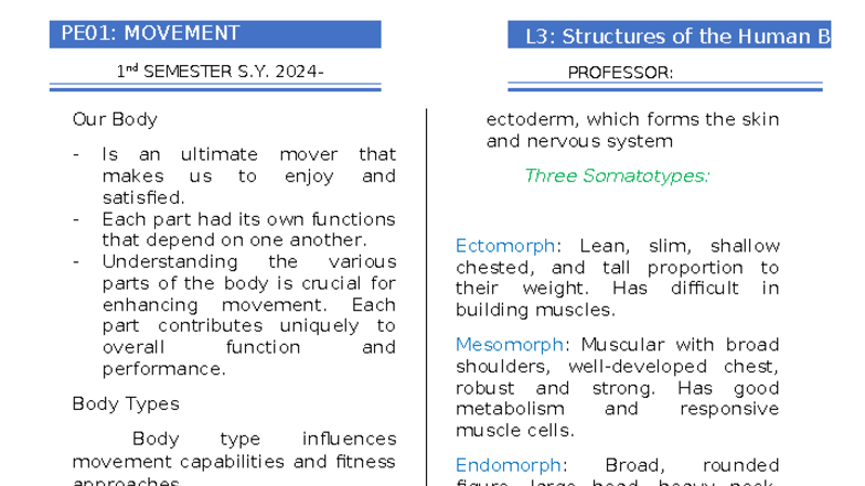 PE01: Movement Enhancement & L3: Human Body Structures Overview - Studocu