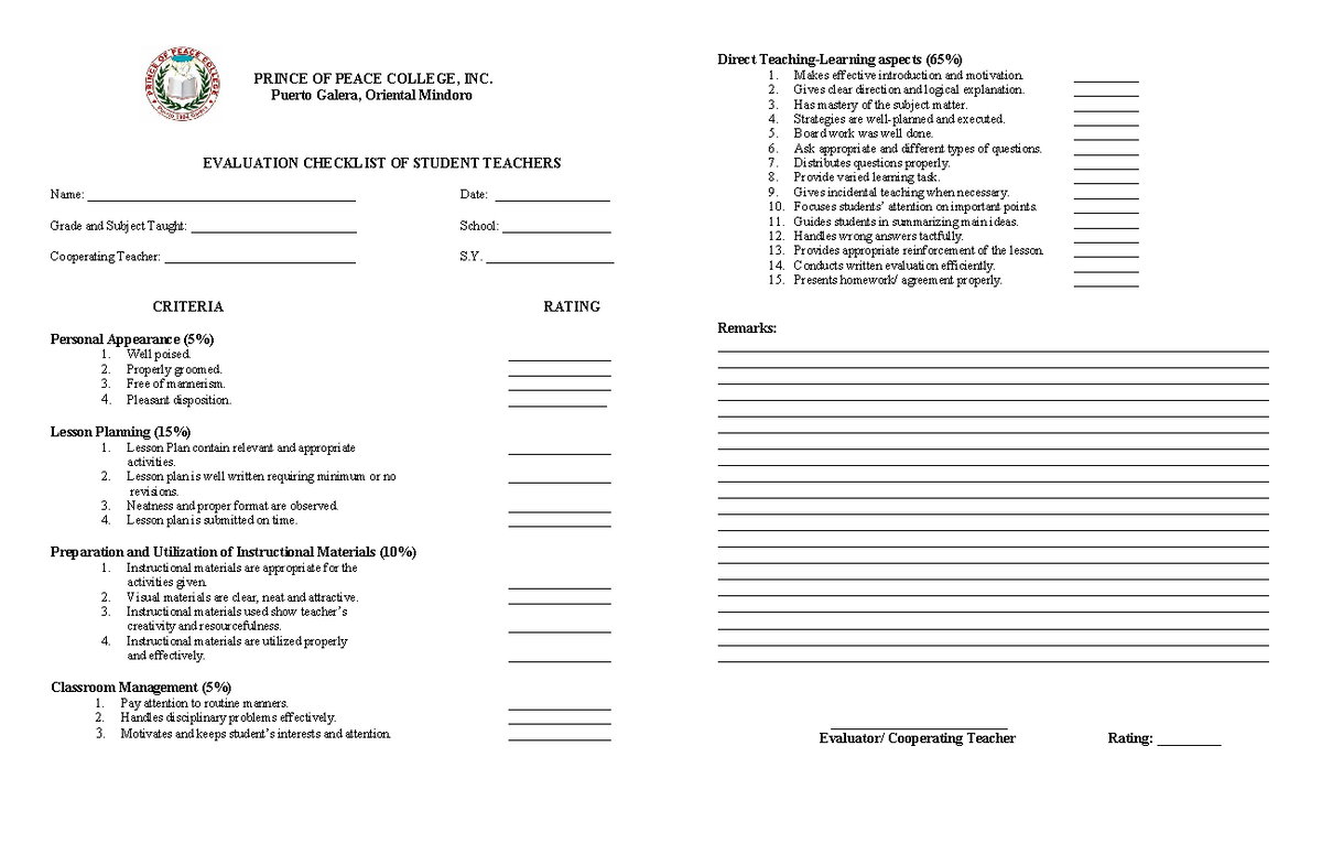 Evaluation Checklist for Student Teachers - PRINCE OF PEACE COLLEGE ...
