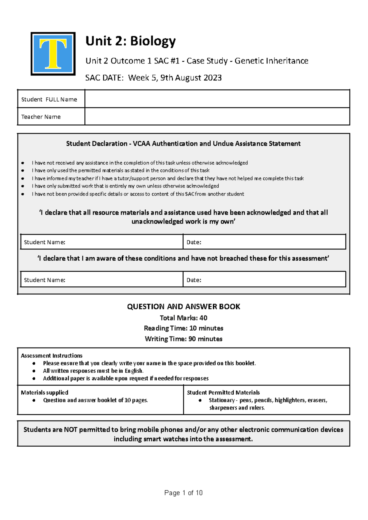 Unit 2 AOS 1 SAC #1 - Genetic Inheritance Case Study Cover Page - Studocu
