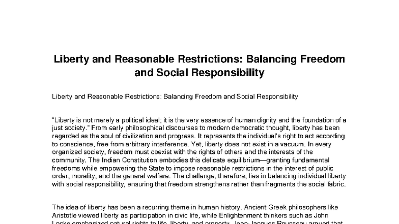 Liberty and Reasonable Restrictions: Balancing Freedom & Responsibility ...