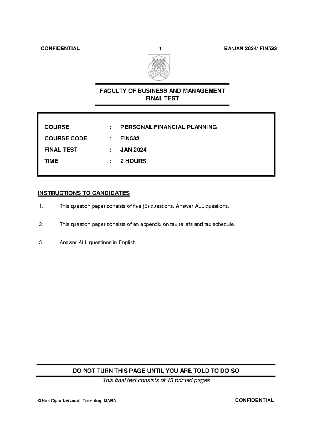 Final Test: Personal Financial Planning (FIN533) - Jan 2024 Questions ...