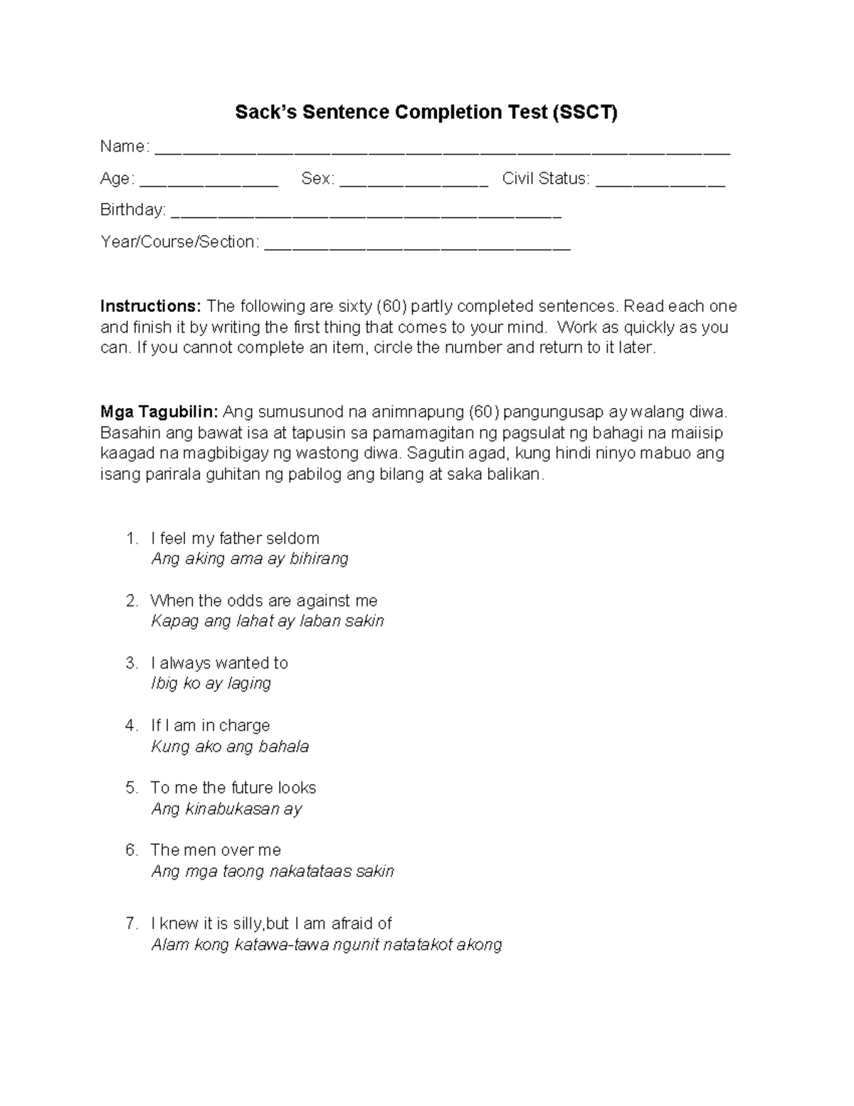 Sack’s Sentence Completion Test (SSCT) Framework & Instructions - Studocu