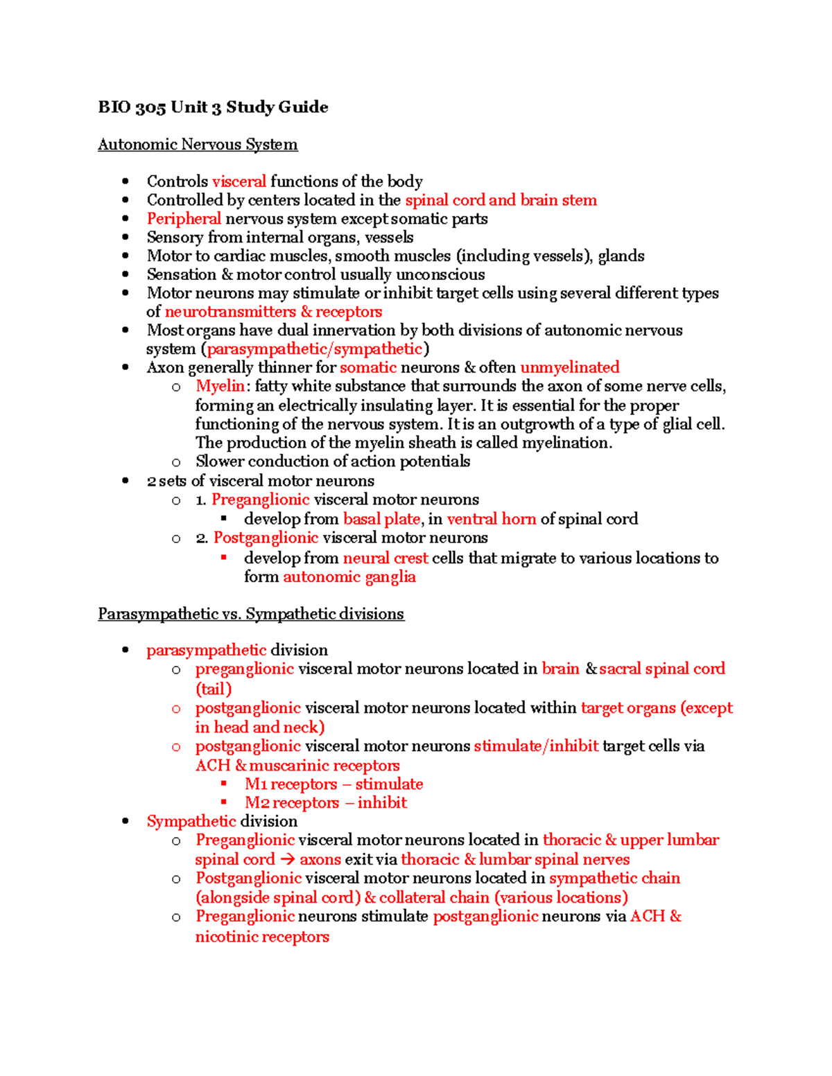 BIO 305 Unit 3 Study Guide: Autonomic Nervous System Overview - Studocu