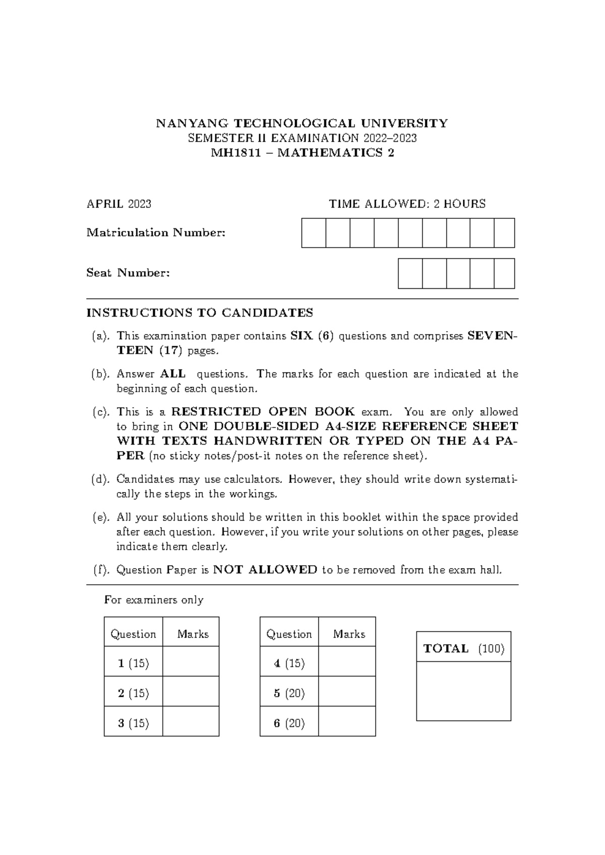 MH1811 Mathematics 2 Final Exam Paper - Semester II 2023 - Studocu