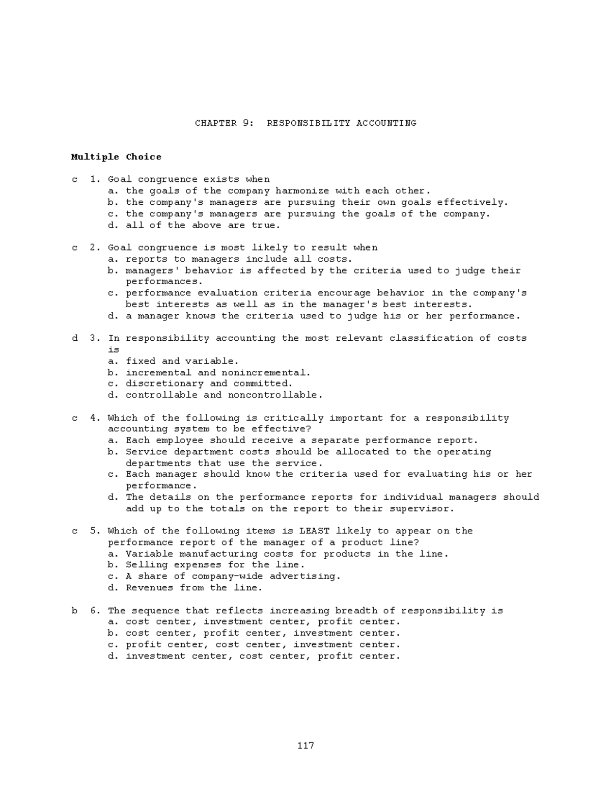 Ch09 Problems with Answer and Solution - CHAPTER 9: RESPONSIBILITY ACCOUNTING Multiple Choice c ...