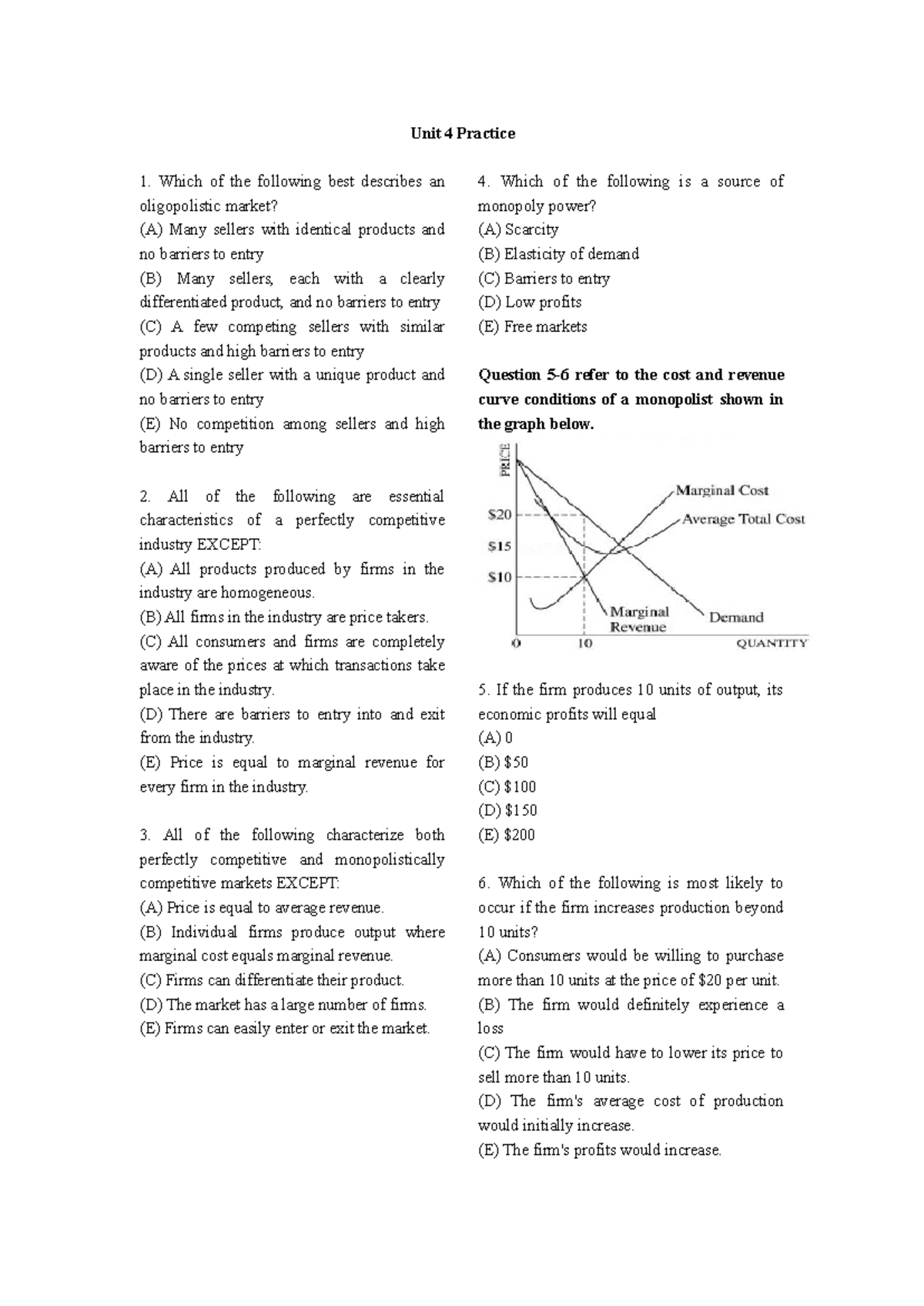 Unit 4 Practice Questions on Oligopoly and Market Structures - Studocu