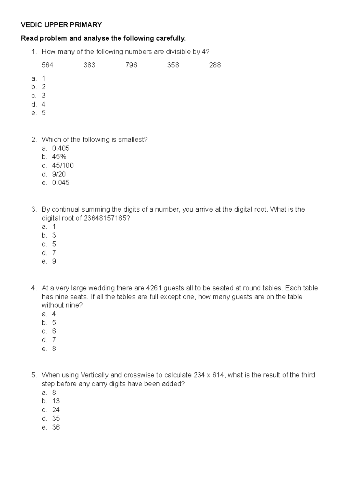 Vedic Upper Primary Math Quiz Questions and Answers - Studocu