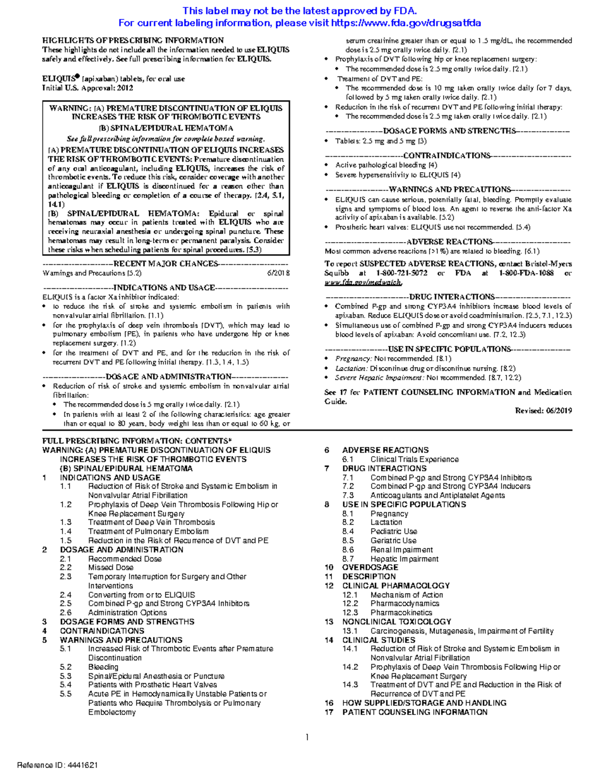 ELIQUIS (apixaban) Prescribing Information and Dosage Guide - Studocu