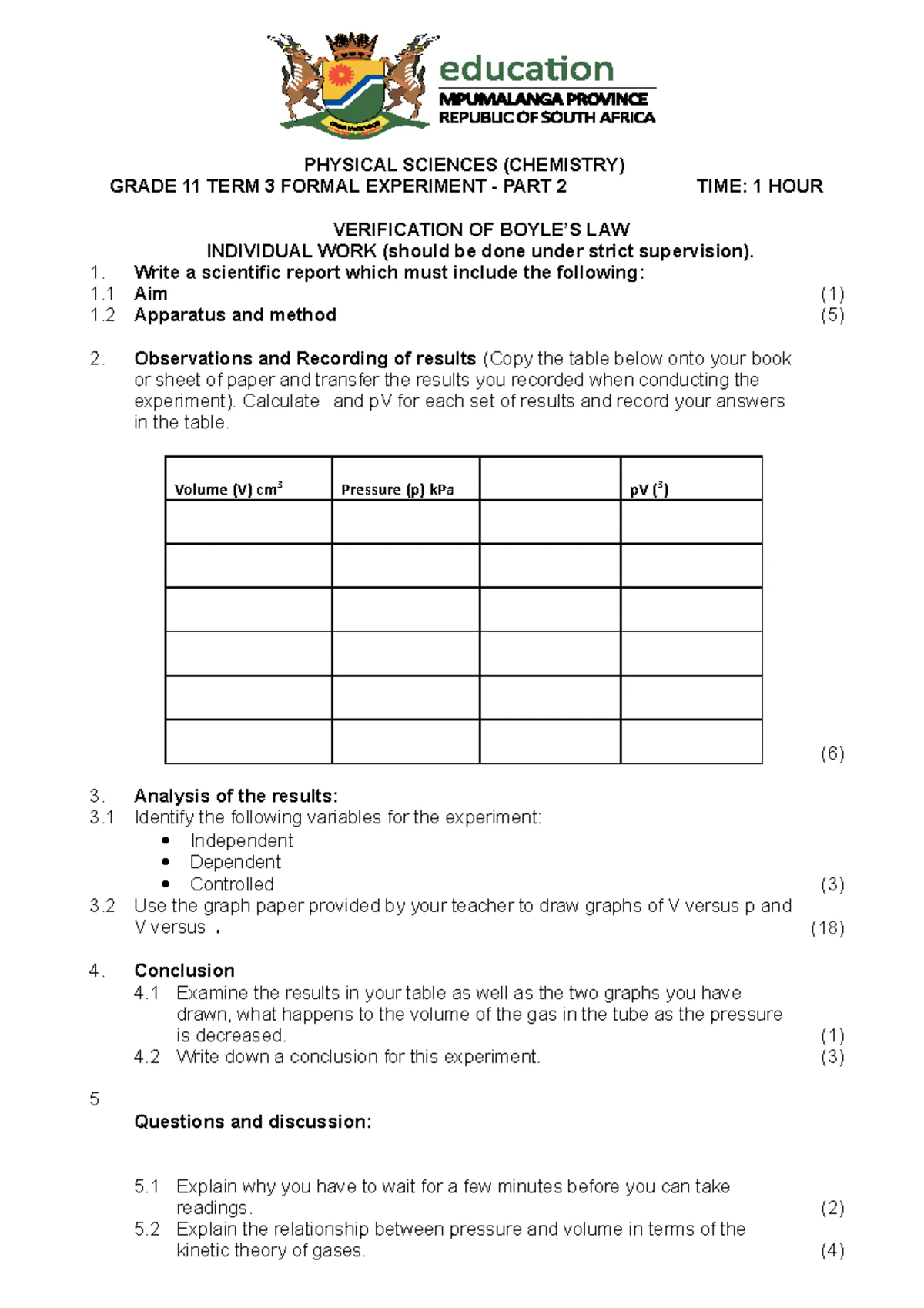 Grade 11 EXPT 2 TERM 3 - Boyle'S LAW - PHYSICAL SCIENCE EXPERIMENT 2 ...