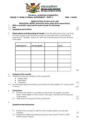 Grade 11 EXPT 2 TERM 3 - Boyle'S LAW - PHYSICAL SCIENCE EXPERIMENT 2 ...