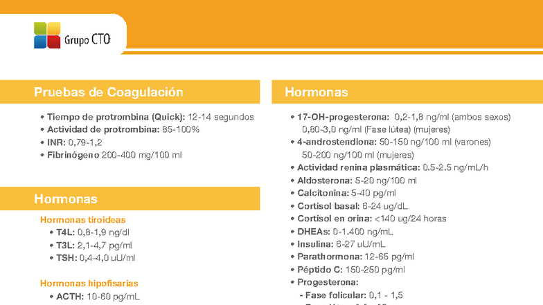 Valores Analíticos de Hormonas y Bioquímica - Grupo CTO - Studocu