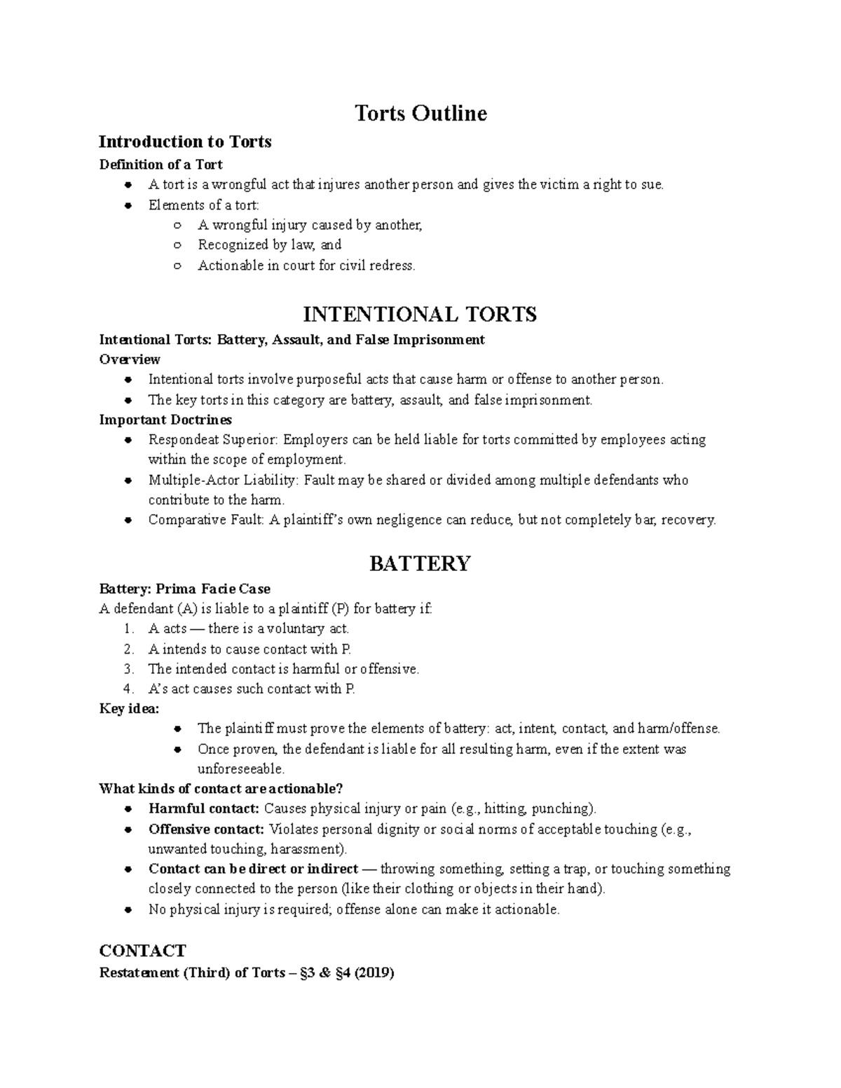 Torts Outline: Key Concepts and Case Summaries for Law 101 - Studocu