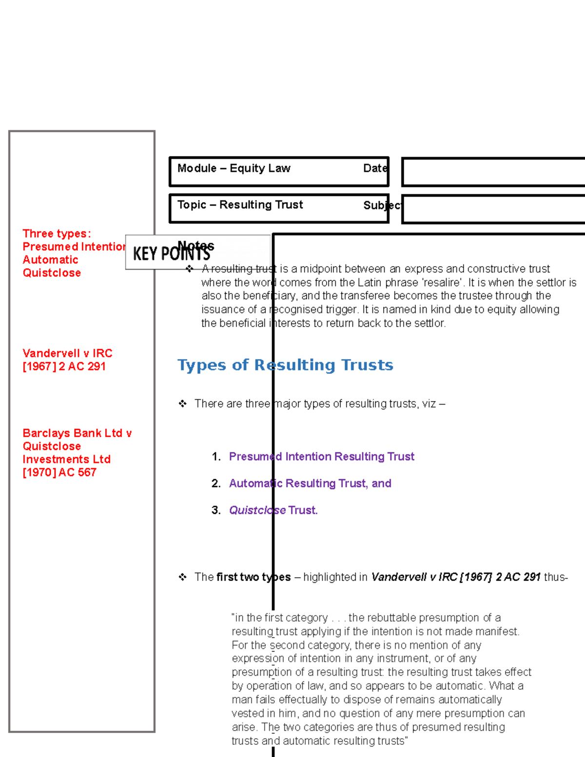 Equity Law Module: Types of Resulting Trusts - Detailed Notes - Studocu