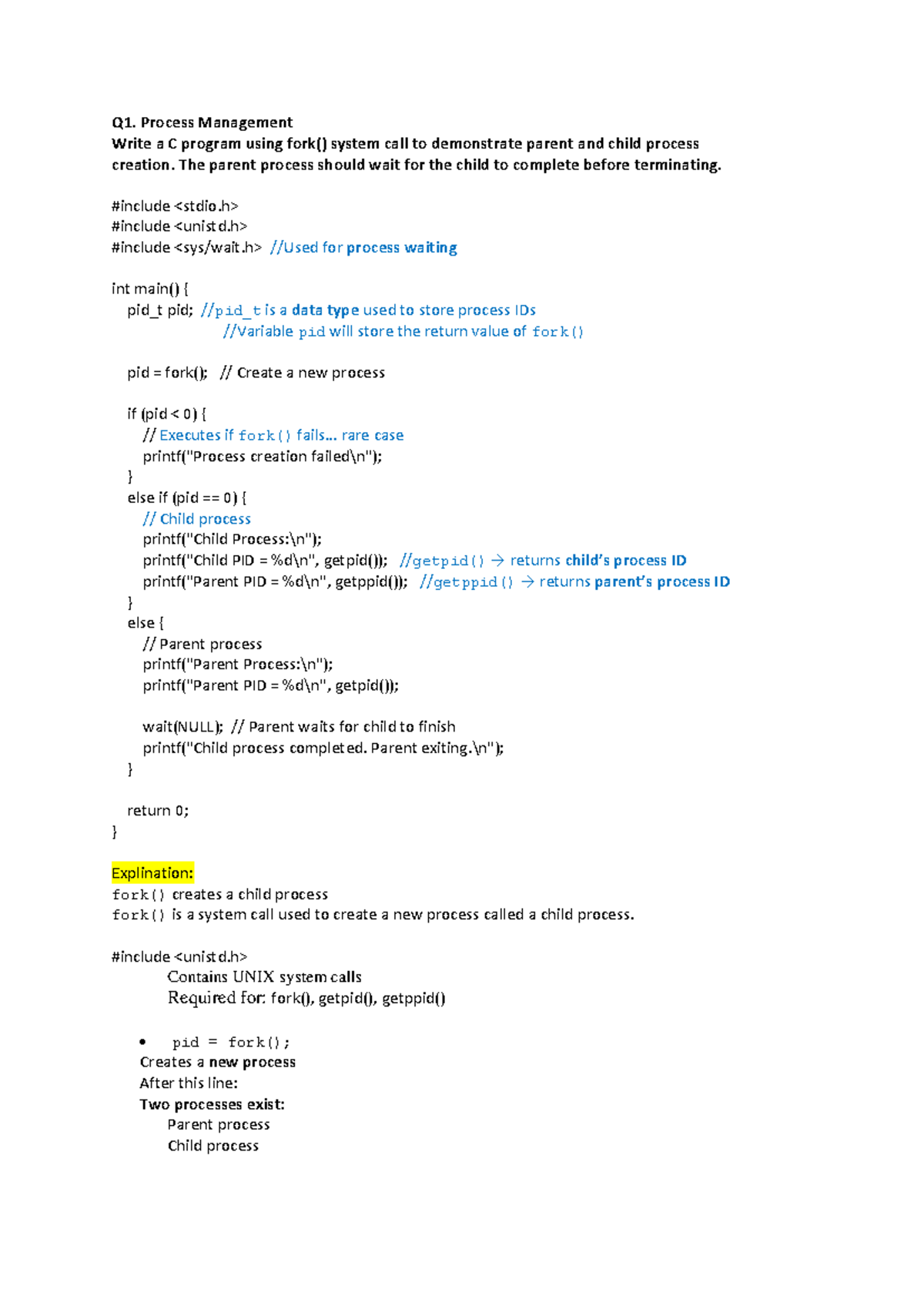 OS-1 Process Management: C Program for Fork() and Process Creation - Studocu