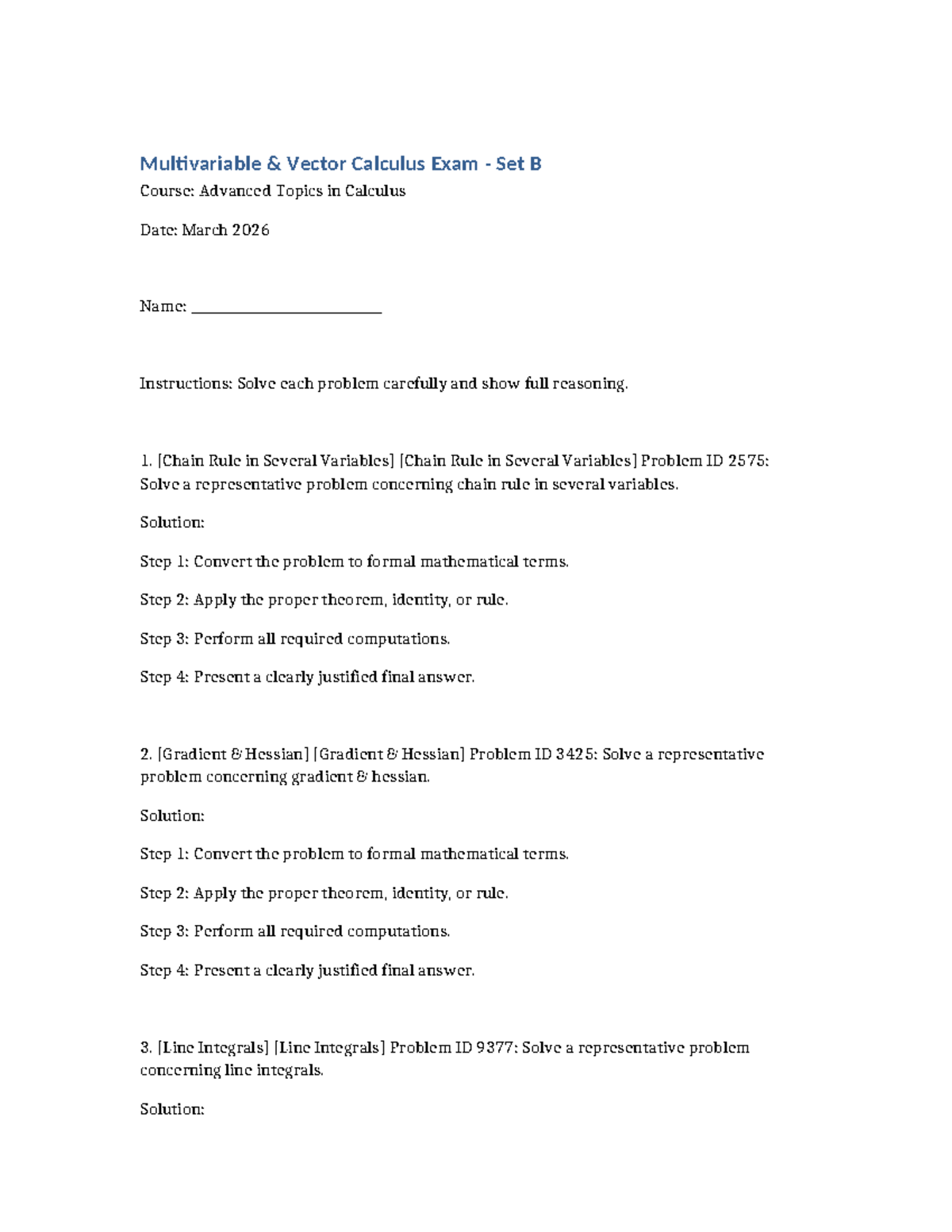 Multivariable Vector Calculus Exam Set B - Math 8555 - Studocu