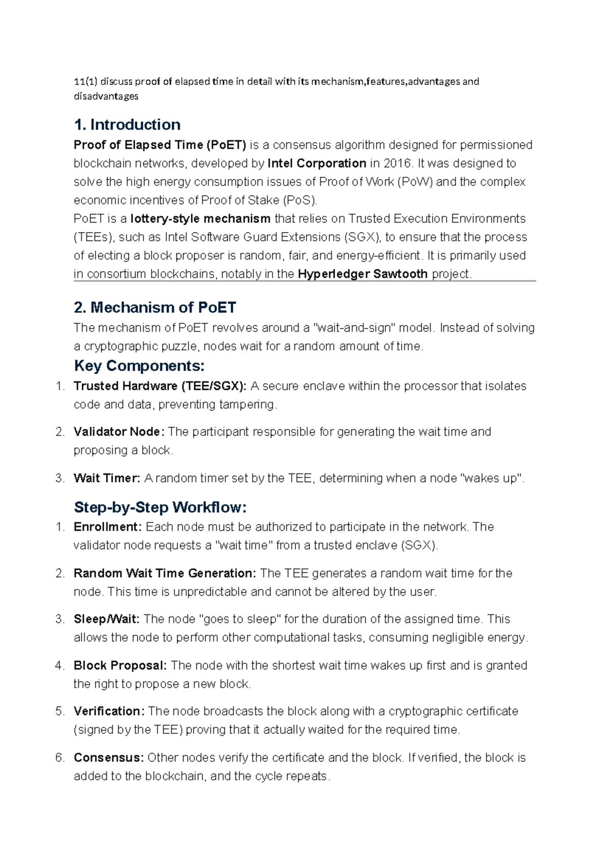 Proof of Elapsed Time (PoET) Consensus Mechanism: Features & Analysis ...
