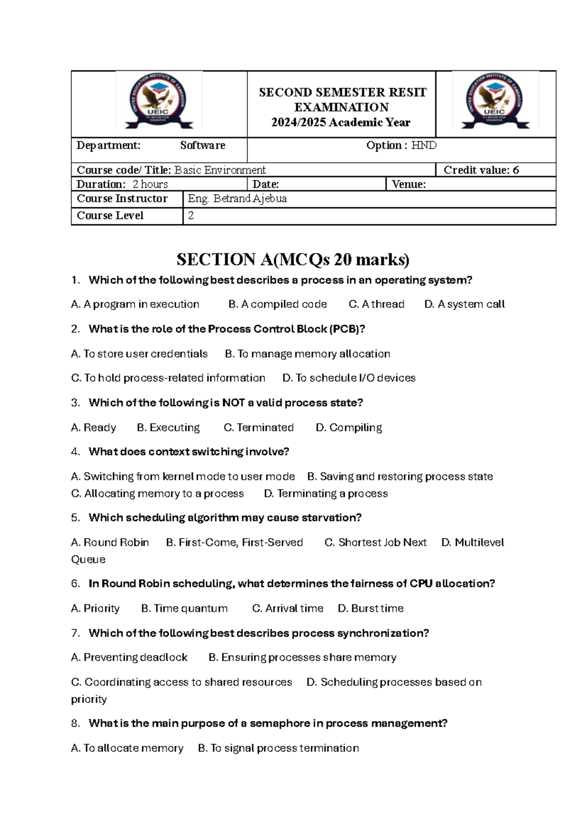 HND 2nd Sem Resit Exam: Basic Environment Overview - Studocu