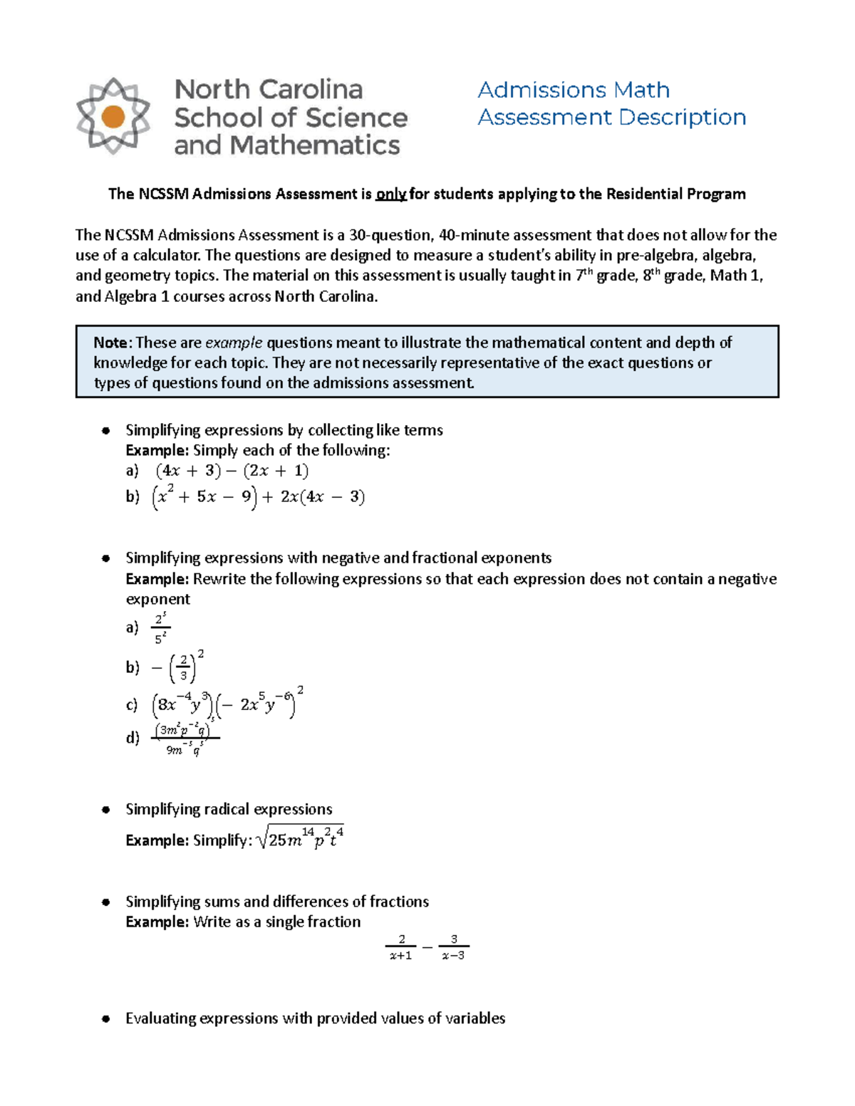 NCSSM Math Admissions Assessment Overview & Sample Questions - Studocu