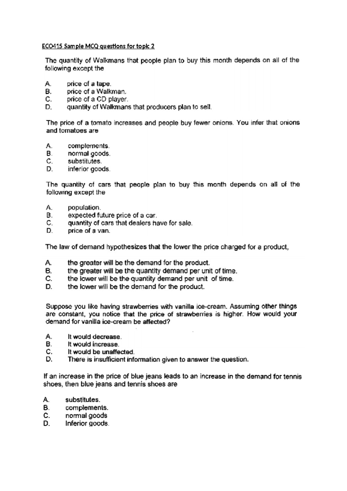 ECO415 Sample MCQ Questions for Topic 3: Demand and Supply Analysis ...