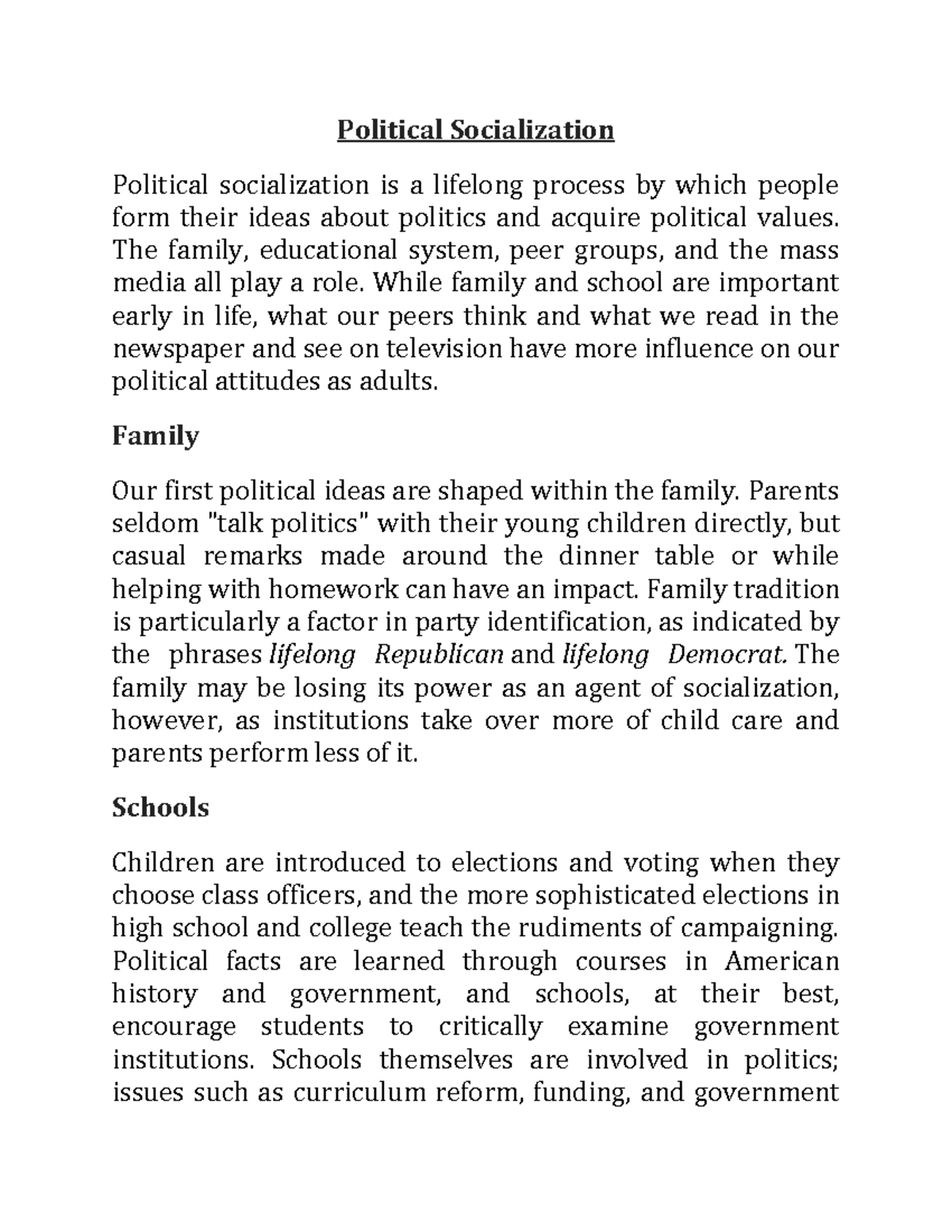 Political Socialization - Political Socialization Political ...