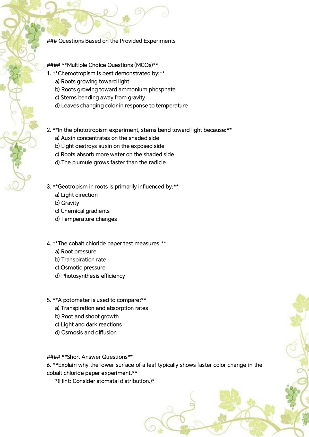 Physiology 1 - Experiment-Based Quiz Questions and Answers - Studocu