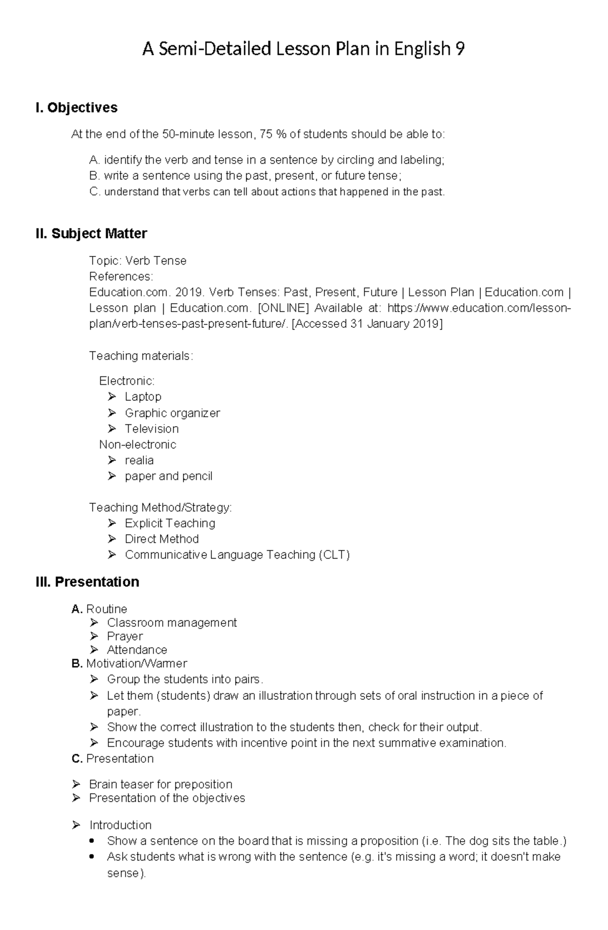 613786342 Semi-Detailed Lesson Plan on Verb Tense for English 9 - Studocu