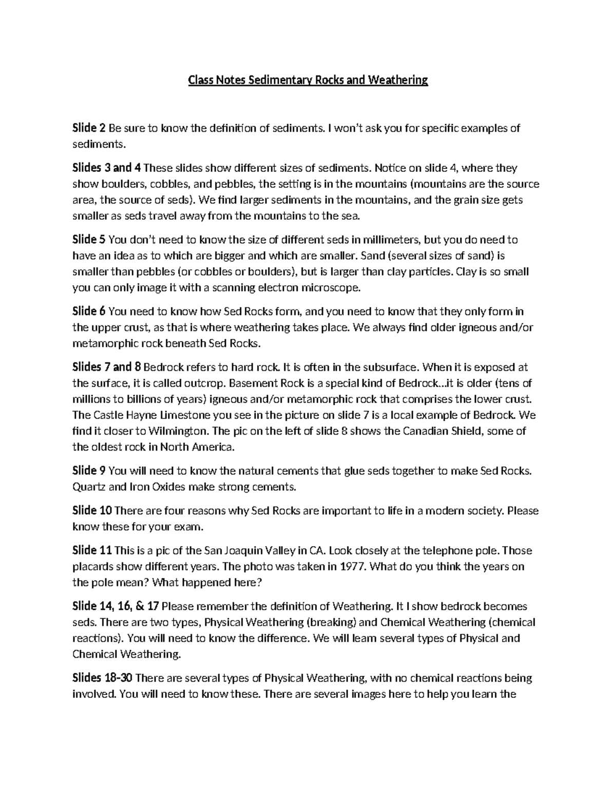 Class Notes: Sedimentary Rocks & Weathering Overview - Studocu