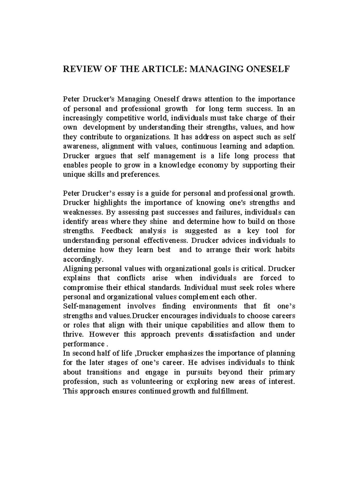 REVIEW OF PETER DRUCKER'S "MANAGING ONESELF" ESSAY - Studocu