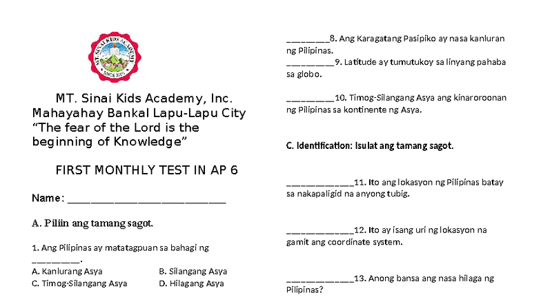 AP 6 First Monthly Test: Lokasyon ng Pilipinas at Karagatang Pasipiko ...