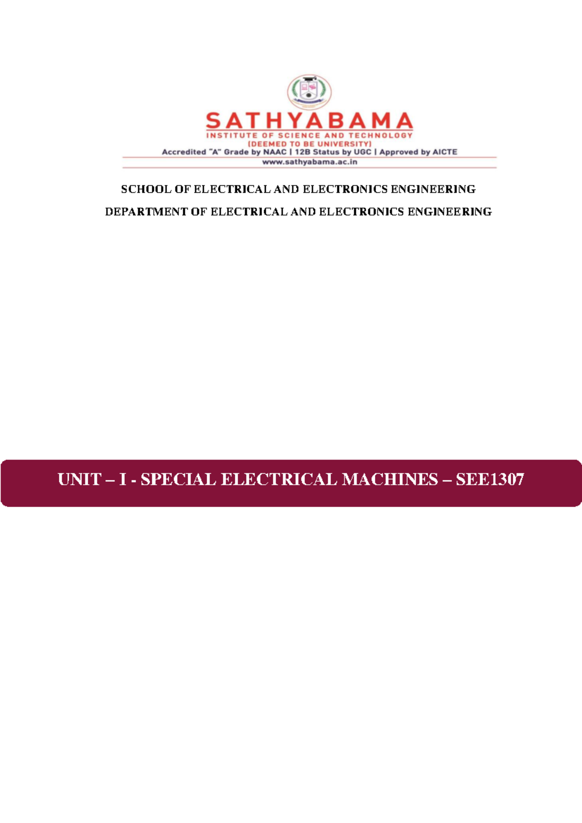 Special Electrical Machines Unit I: Stepping Motors Overview (SEE1307 ...