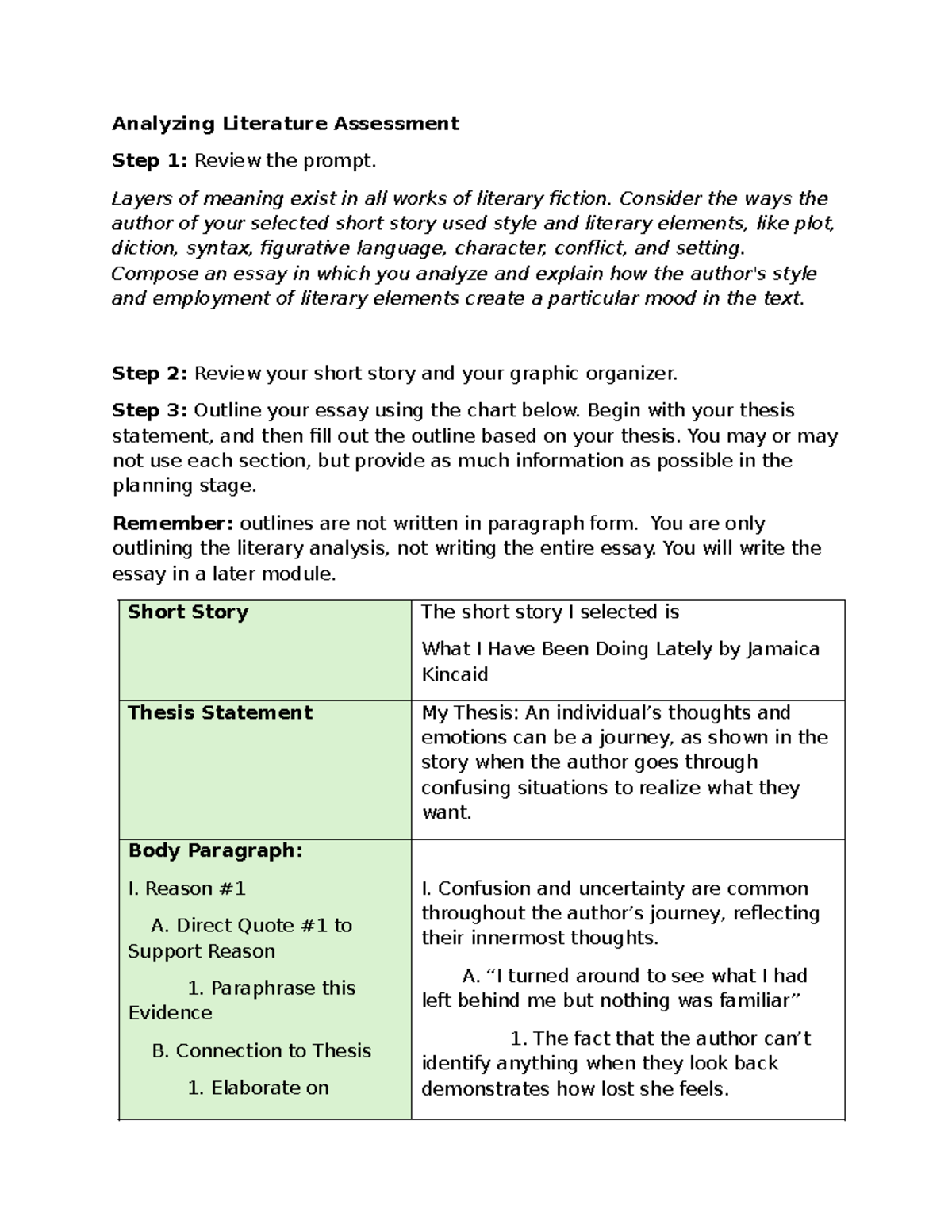 Analyzing Literary Elements in "What I Have Been Doing Lately" - ENG 1. ...