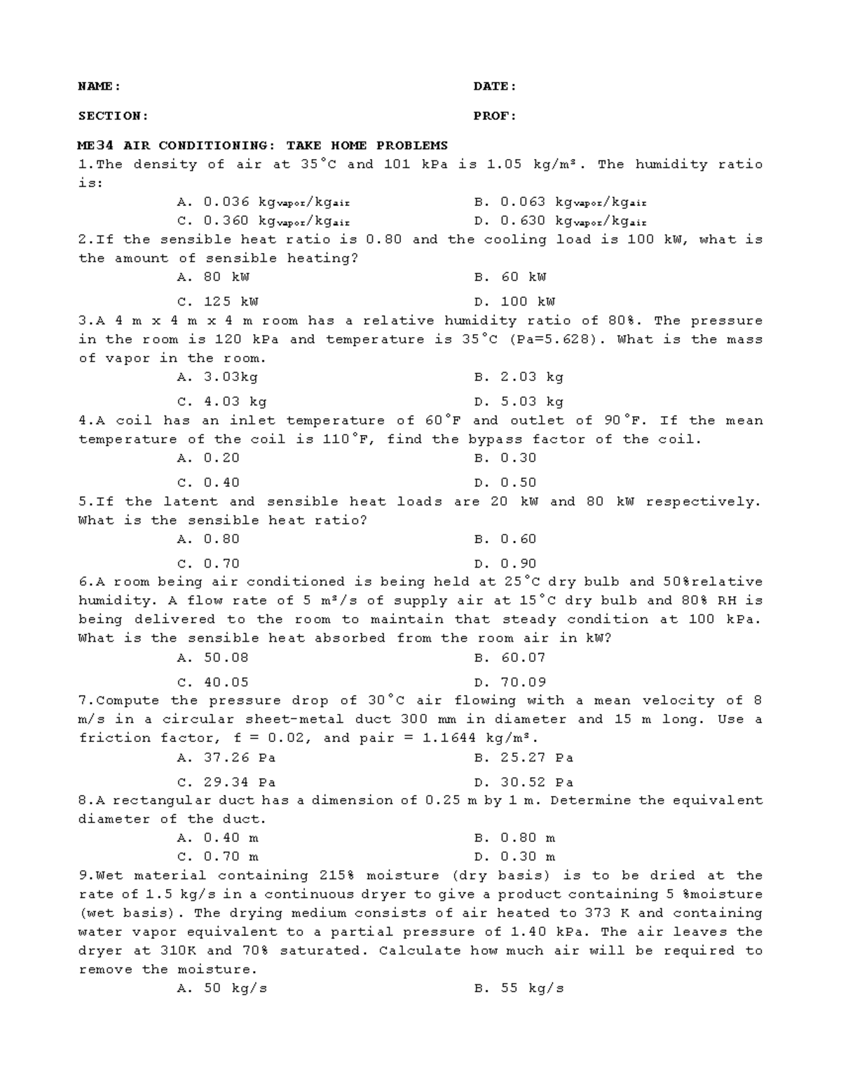 ME34 AIR CONDITIONING: TAKE HOME PROBLEMS & SOLUTIONS - Studocu