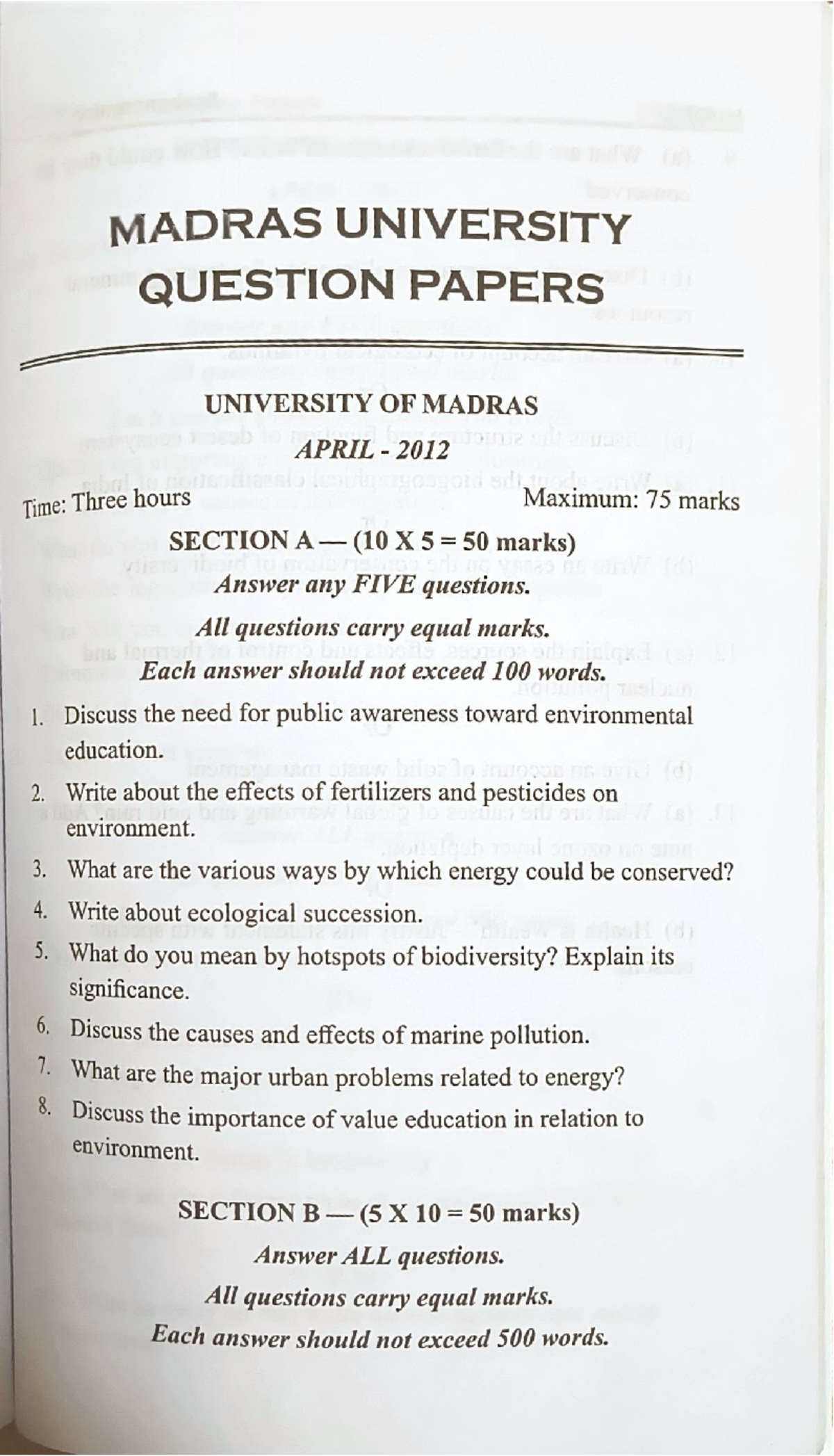 EVS Question Papers - University of Madras 2012-2017 - Studocu