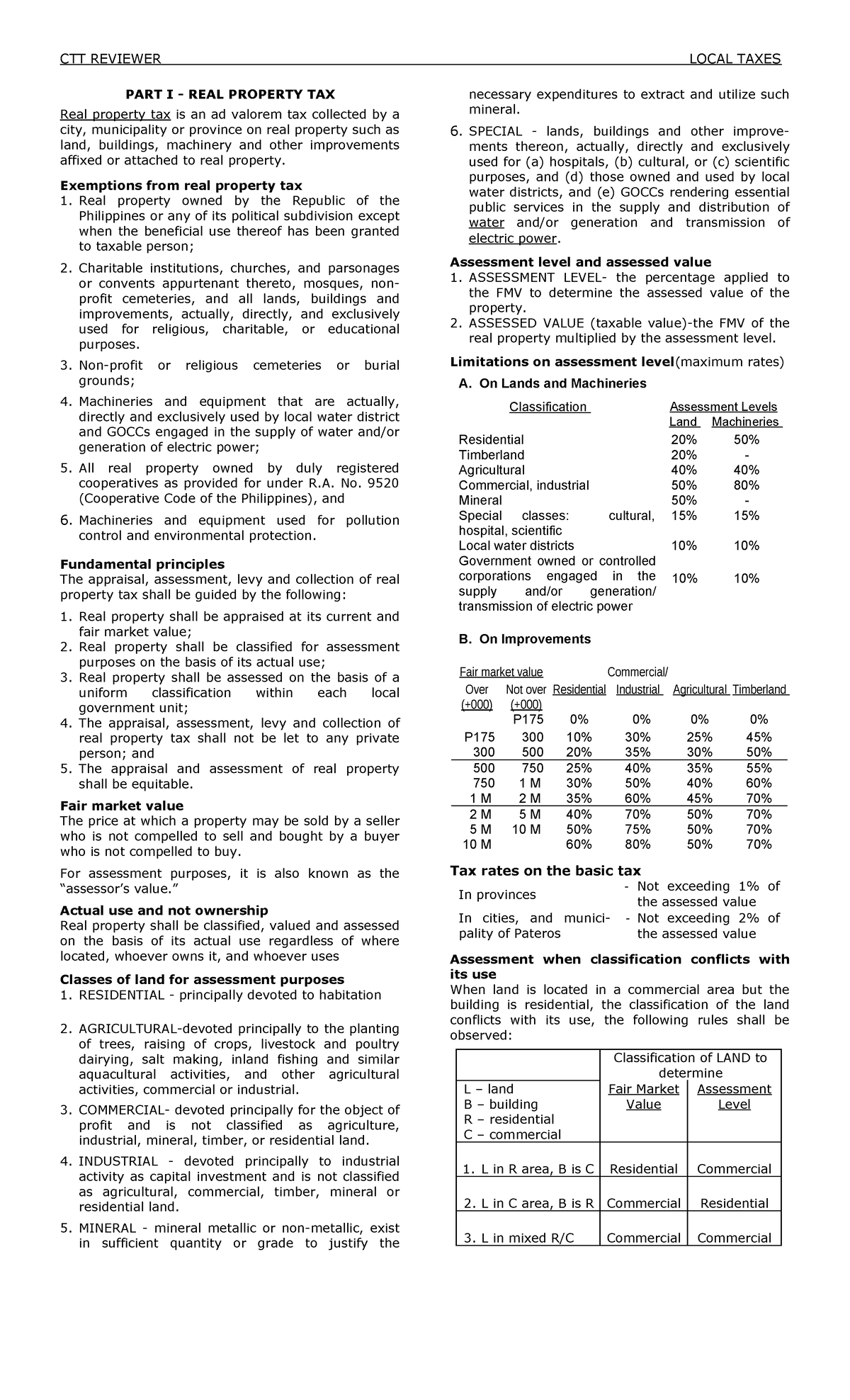 CTT REVIEWER: LOCAL TAXES PART I - REAL PROPERTY TAX OVERVIEW - Studocu