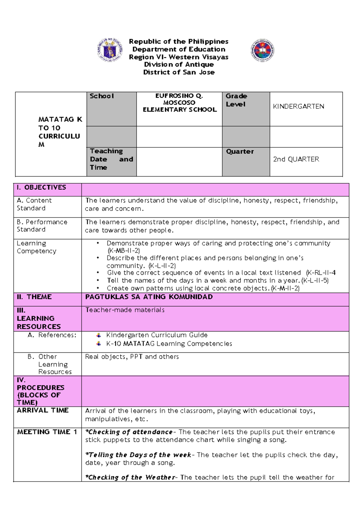 K-10 MATATAG Kindergarten 2nd Quarter Lesson Plan with Annotations ...