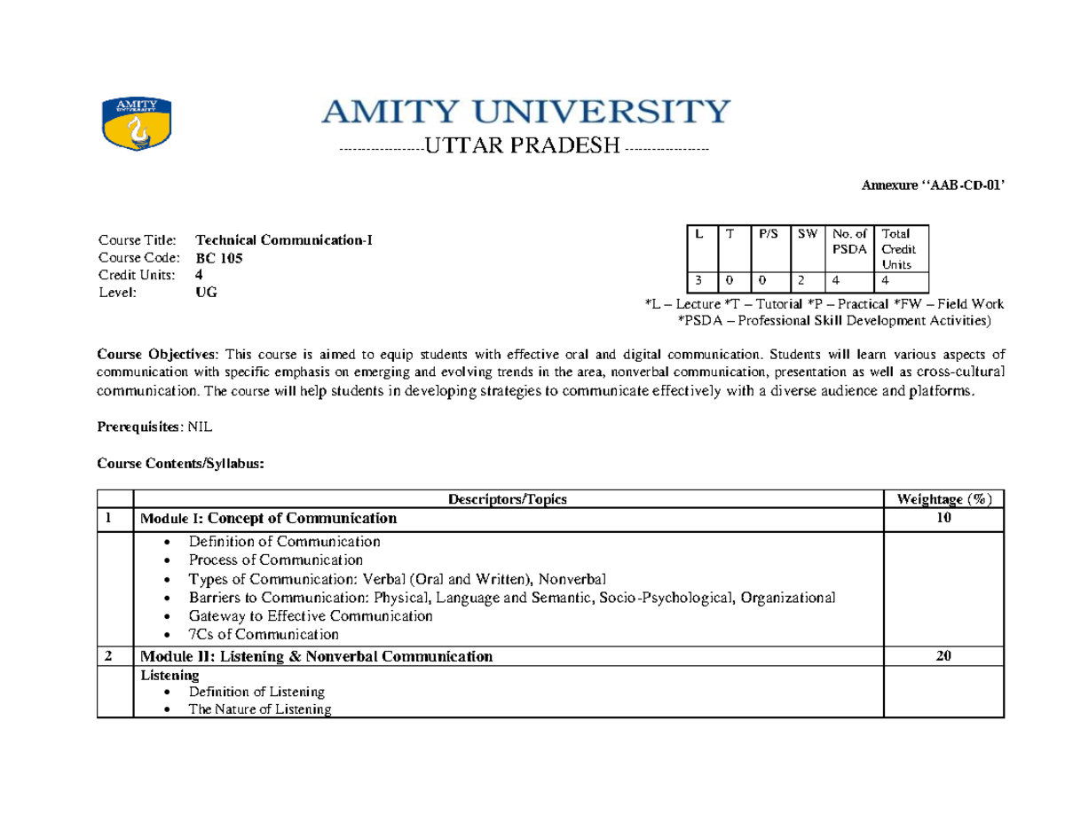 Technical Communication Syllabus (BC 105) - UG Level - Studocu