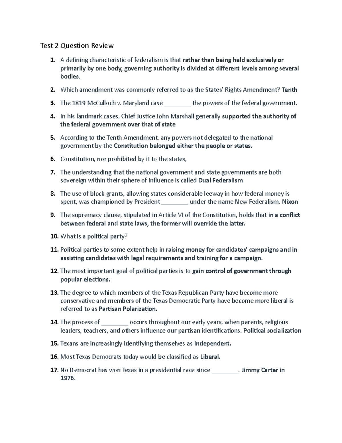 Test 2 Review: Key Concepts in Federalism and Political Parties - Studocu