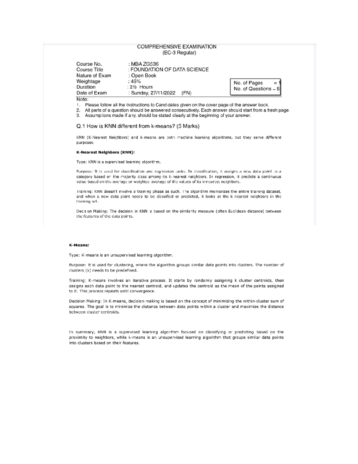 MBA ZG536 Final Exam - Foundations of Data Science Question Paper - Studocu