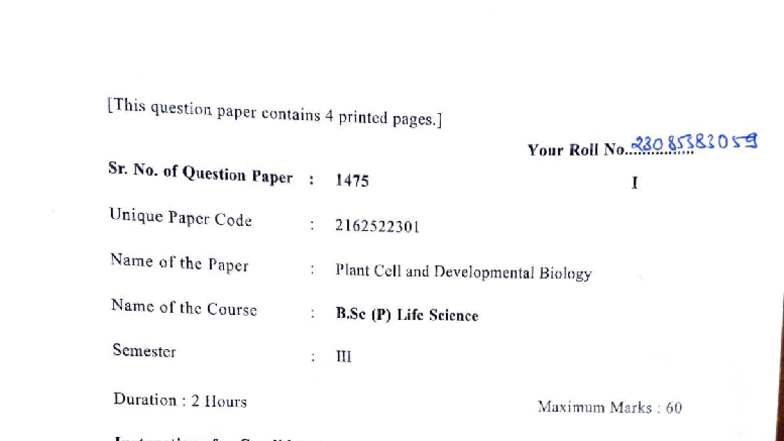 Sem-3 Botany PYQ: Plant Cell & Developmental Biology Exam - Studocu