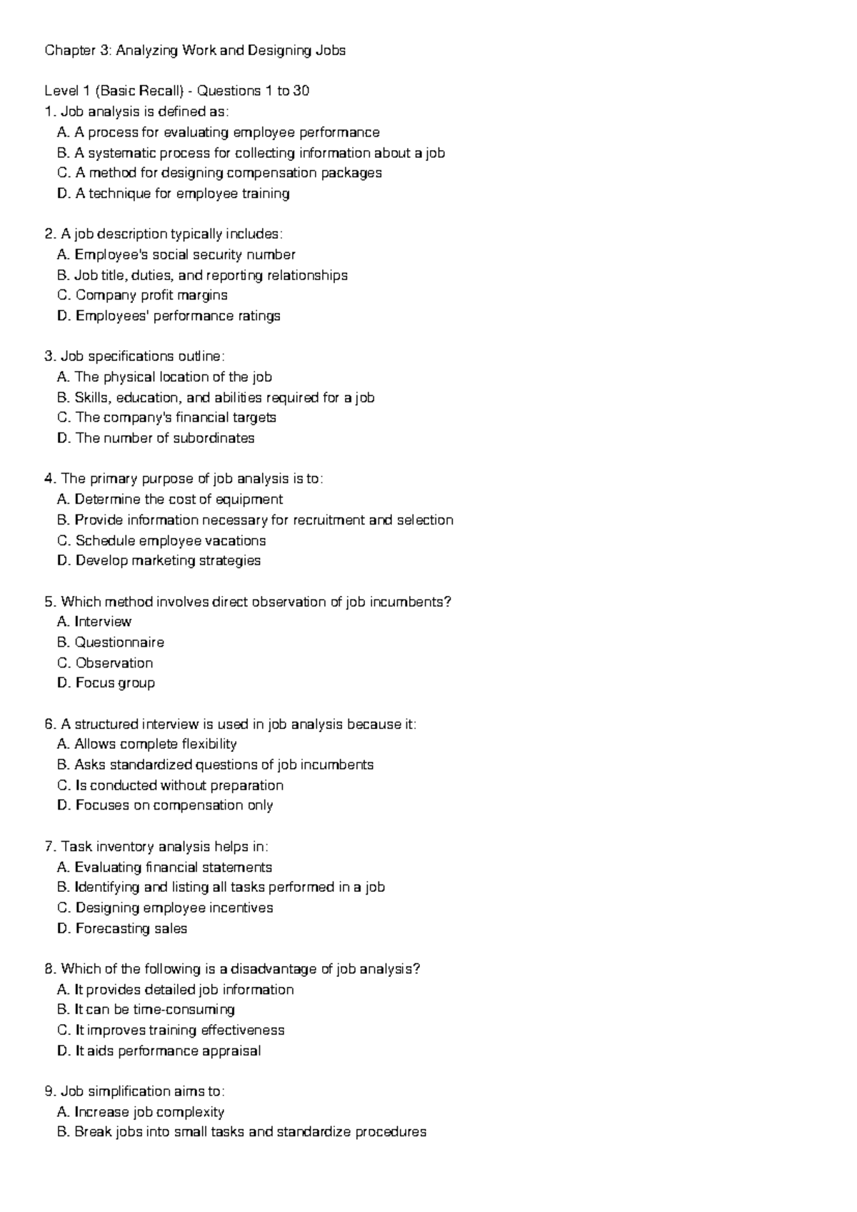 Chapter 3: Job Analysis and Design MCQs (Levels 1-3) - Studocu