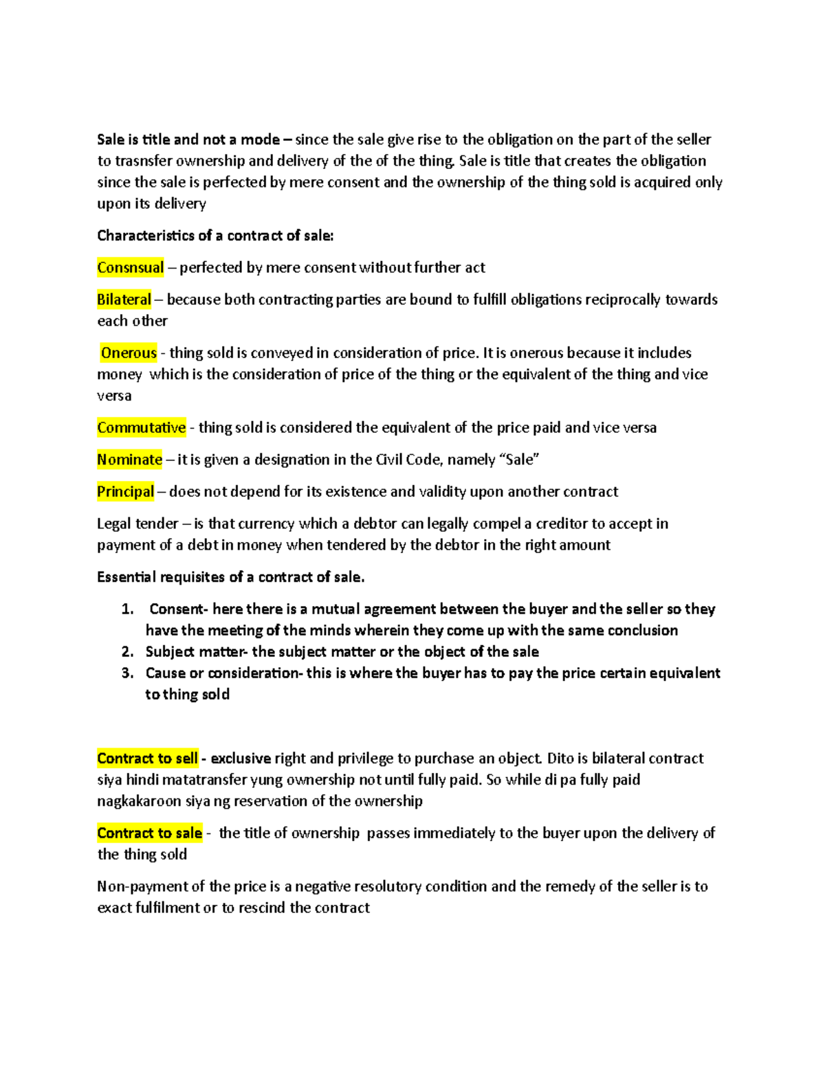LAW 101: Distinctions in Sales Contracts and Legal Implications - Studocu