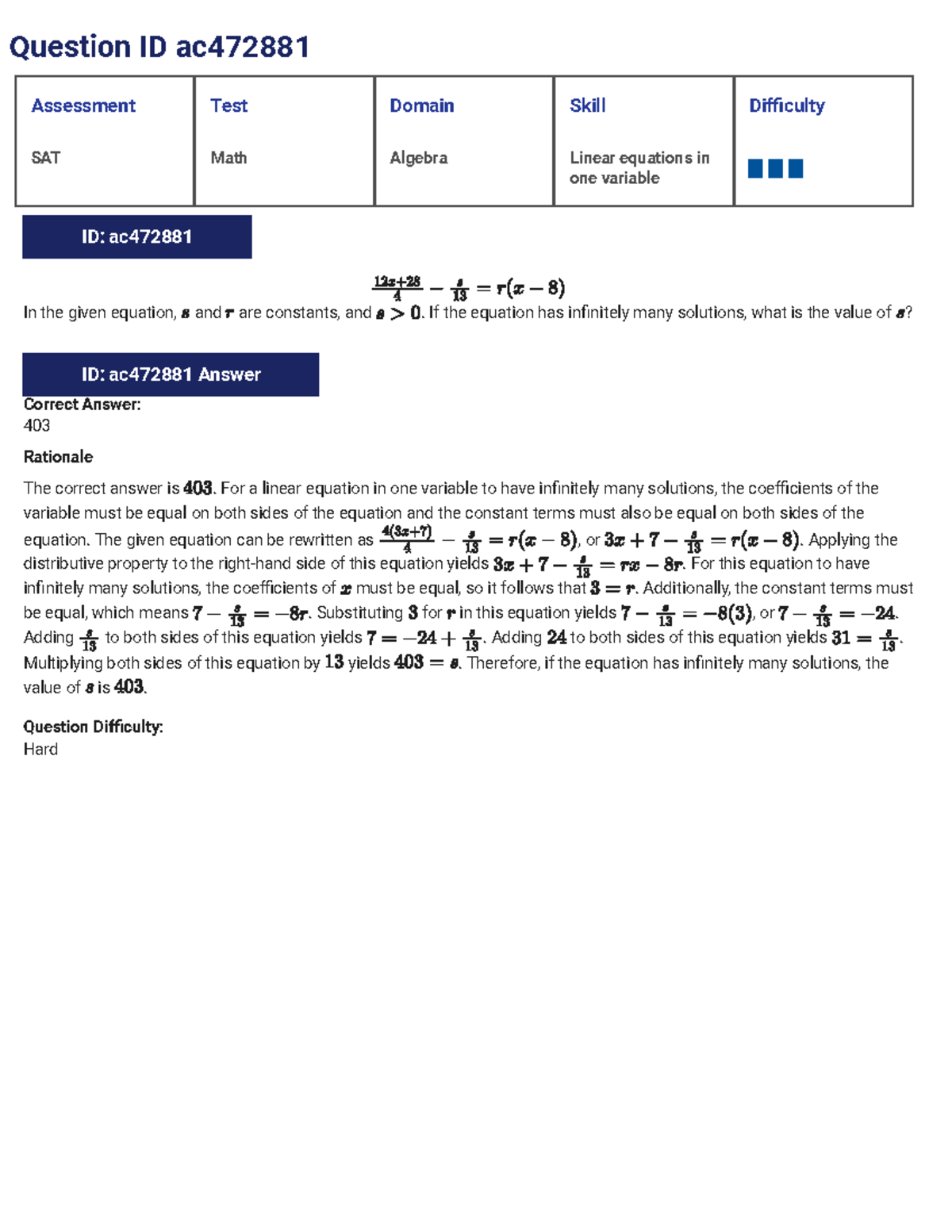SAT Math Algebra Assessment Test Questions and Solutions - Studocu